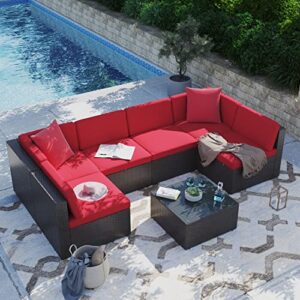 Greesum Patio Furniture Sets 7 Piece Outdoor Wicker Rattan Sectional Sofa with Cushions, Pillows & Glass Table, Red