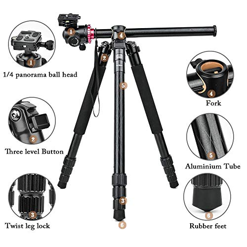 YoTilon Camera Tripod, Horizontal Tripod for Camera Professional Aluminum Alloy Travel Tripod for DSLR with 360° Ball Head Quick Release Plate, Handle Bag for Canon Nikon Sony DSLR Cameras