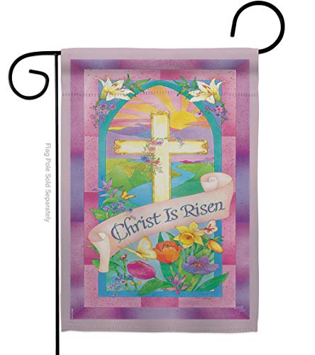 Breeze Decor Christ is Risen Garden Spring Easter Egg Bunny Chicks Cross Religious Christian Rejoice Tulip Decorative Gift House Banner Double Sided, Thick Fabric, Small Flag Only