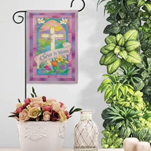 Breeze Decor Christ is Risen Garden Spring Easter Egg Bunny Chicks Cross Religious Christian Rejoice Tulip Decorative Gift House Banner Double Sided, Thick Fabric, Small Flag Only