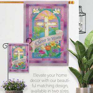 Breeze Decor Christ is Risen Garden Spring Easter Egg Bunny Chicks Cross Religious Christian Rejoice Tulip Decorative Gift House Banner Double Sided, Thick Fabric, Small Flag Only