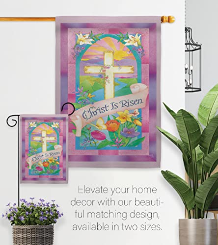 Breeze Decor Christ is Risen Garden Spring Easter Egg Bunny Chicks Cross Religious Christian Rejoice Tulip Decorative Gift House Banner Double Sided, Thick Fabric, Small Flag Only