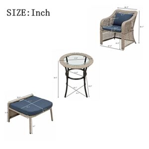 FZZDP 5-Piece Outdoor Conversation Set Patio Furniture Set Rattan Wicker Chair with Stool and Tempered Glass Table