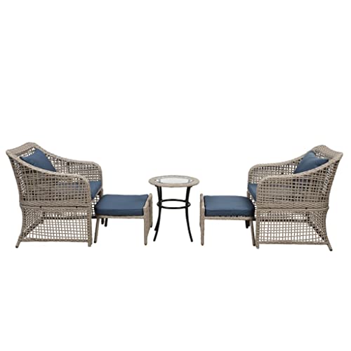 FZZDP 5-Piece Outdoor Conversation Set Patio Furniture Set Rattan Wicker Chair with Stool and Tempered Glass Table