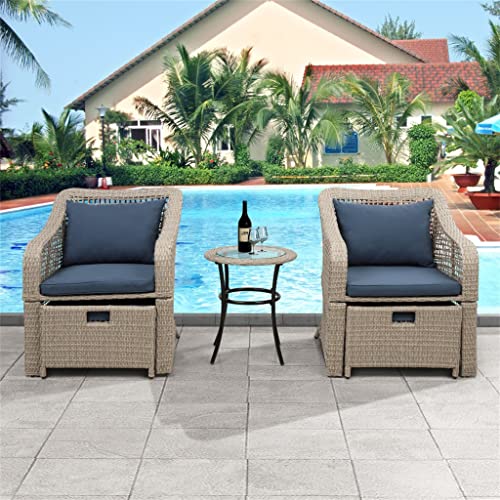 FZZDP 5-Piece Outdoor Conversation Set Patio Furniture Set Rattan Wicker Chair with Stool and Tempered Glass Table