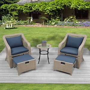 FZZDP 5-Piece Outdoor Conversation Set Patio Furniture Set Rattan Wicker Chair with Stool and Tempered Glass Table