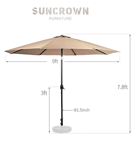 SUNCROWN Patio Umbrella 9Ft Outdoor Table Market Umbrellas With Push Button Tilt, Crank and 8 Ribs For Lawn, Garden, Deck, Beach, Backyard&Pool, Brown