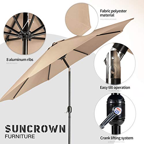 SUNCROWN Patio Umbrella 9Ft Outdoor Table Market Umbrellas With Push Button Tilt, Crank and 8 Ribs For Lawn, Garden, Deck, Beach, Backyard&Pool, Brown