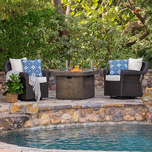 GDF Studio Augusta Patio Furniture ~ 3 Piece Outdoor Wicker Rocking Arm Chair and Propane (Gas) Fire Pit (Table) Set