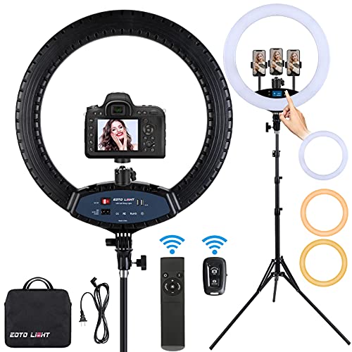 19 inch LED Ring Light LCD Display Touch Screen with Tripod Stand Dimmable Makeup Selfie Ring Light for Studio Portrait YouTube Vlog Video Shooting with Carrying Bag and Remote Controller, CRI>90