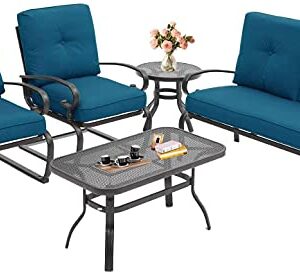 Oakmont 5Pcs Outdoor Patio Furniture Conversation Sets (Loveseat, Coffee Table and Bistro Table, 2 Spring Chair) -Wrought Iron Chair Set with Peacock Blue Cushions