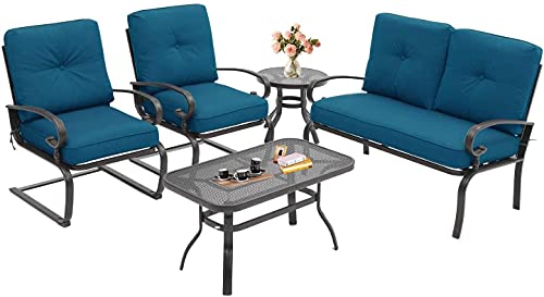 Oakmont 5Pcs Outdoor Patio Furniture Conversation Sets (Loveseat, Coffee Table and Bistro Table, 2 Spring Chair) -Wrought Iron Chair Set with Peacock Blue Cushions