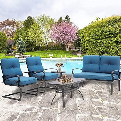 Oakmont 5Pcs Outdoor Patio Furniture Conversation Sets (Loveseat, Coffee Table and Bistro Table, 2 Spring Chair) -Wrought Iron Chair Set with Peacock Blue Cushions