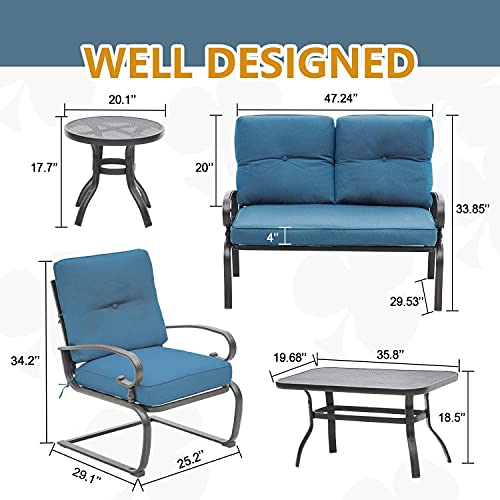 Oakmont 5Pcs Outdoor Patio Furniture Conversation Sets (Loveseat, Coffee Table and Bistro Table, 2 Spring Chair) -Wrought Iron Chair Set with Peacock Blue Cushions