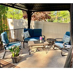 Oakmont 5Pcs Outdoor Patio Furniture Conversation Sets (Loveseat, Coffee Table and Bistro Table, 2 Spring Chair) -Wrought Iron Chair Set with Peacock Blue Cushions