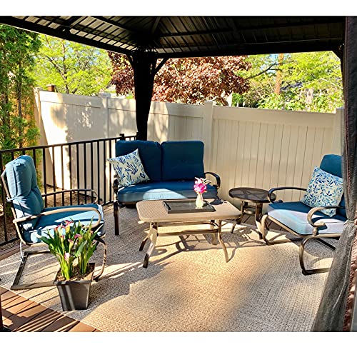 Oakmont 5Pcs Outdoor Patio Furniture Conversation Sets (Loveseat, Coffee Table and Bistro Table, 2 Spring Chair) -Wrought Iron Chair Set with Peacock Blue Cushions