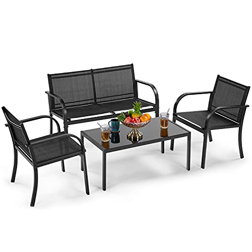 Yaheetech 4 Pieces Texteline Patio Furniture Set, Outdoor Furniture Conversation Sets Poolside Lawn Chairs with Glass Coffee Table for Home, Lawn and Balcony