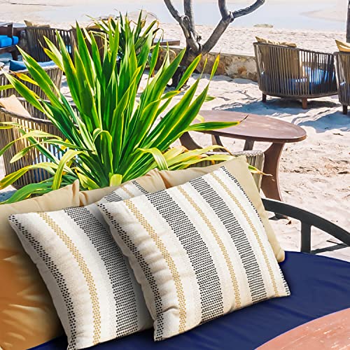 Pack of 2 Throw Pillow Covers 18x18 Inch Farmhouse Black Gold Yellow Grey Gray White Decorative Stripe Soft Outdoor for Patio Garden Couch Deck Chair Neutral Beige Aesthetic Modern Pillowcase