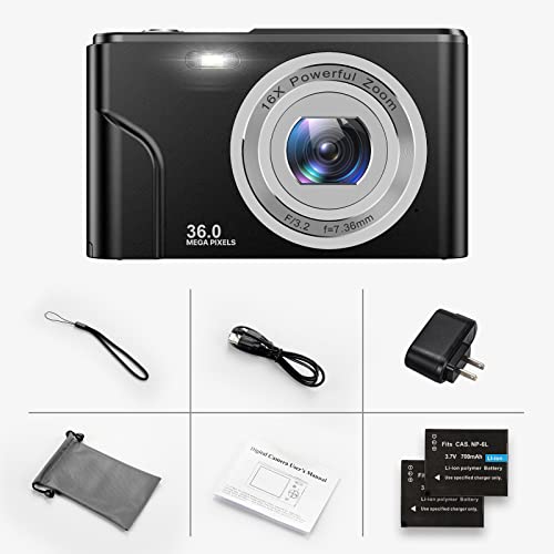 Digital Camera for Kids - 36MP Kids Camera 1080P FHD Kid Camera with 16X Digital Zoom, LCD Screen Rechargeable Compact Camera Vlogging Camera for Kids Teens Girls Boys (Black)