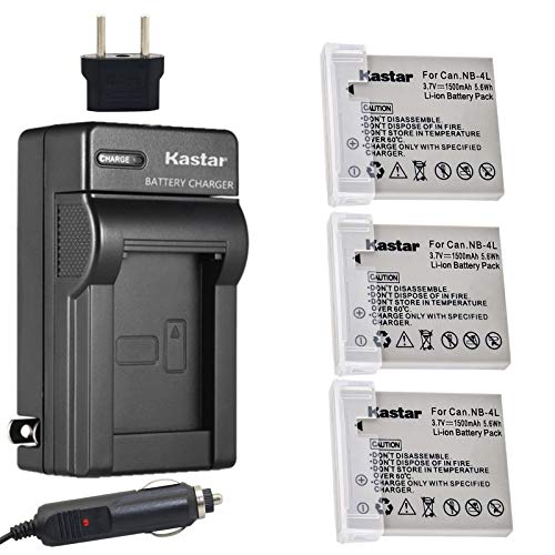 Kastar Battery (3-Pack) and Charger Kit for Canon NB-4L, CB-2LV work with Canon PowerShot SD40, SD30, SD200, SD300, SD400, SD430, SD450, SD600, SD630, SD750, SD780 IS, SD940 IS, SD960 IS, SD1000, SD1100 IS, SD1100 IS, SD1400 IS, TX1, ELPH 100 HS, ELPH 300