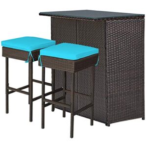 Tangkula Patio Bar Set, 3 Piece Outdoor Rattan Wicker Bar Set with 2 Cushions Stools & Glass Top Table, Outdoor Furniture Set for Patios Backyards Porches Gardens Poolside (Turquoise)