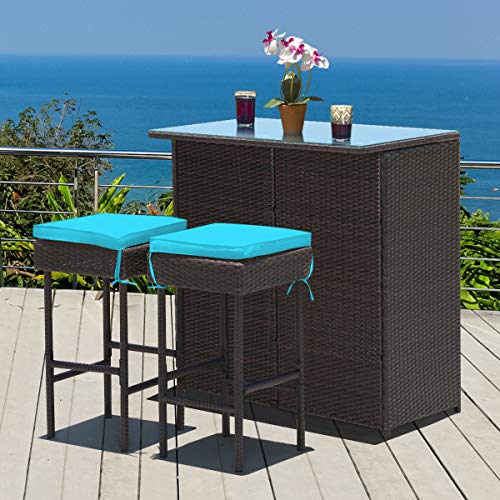 Tangkula Patio Bar Set, 3 Piece Outdoor Rattan Wicker Bar Set with 2 Cushions Stools & Glass Top Table, Outdoor Furniture Set for Patios Backyards Porches Gardens Poolside (Turquoise)