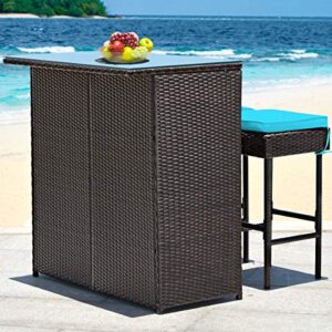 Tangkula Patio Bar Set, 3 Piece Outdoor Rattan Wicker Bar Set with 2 Cushions Stools & Glass Top Table, Outdoor Furniture Set for Patios Backyards Porches Gardens Poolside (Turquoise)