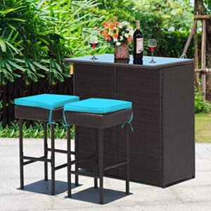 Tangkula Patio Bar Set, 3 Piece Outdoor Rattan Wicker Bar Set with 2 Cushions Stools & Glass Top Table, Outdoor Furniture Set for Patios Backyards Porches Gardens Poolside (Turquoise)