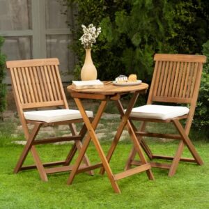 idzo heavy duty 400lbs capacity acacia wood 3 piece outdoor, folding bistro set w/cushion, round table, teak finish