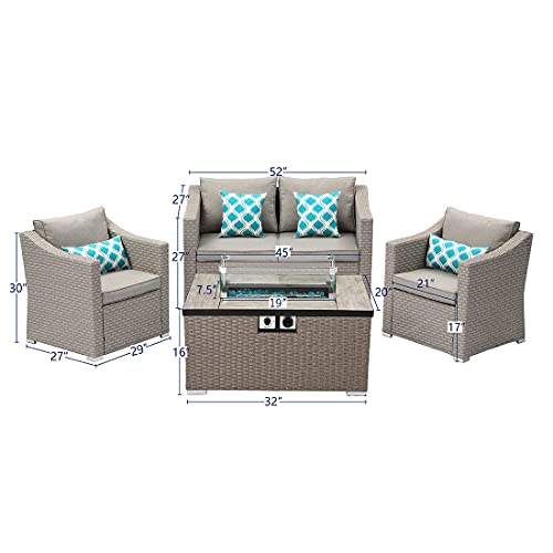 SUNBURY Outdoor 4-Piece Patio Furniture w Propane Fire Pit, Pearl Gray Rattan Conversation Set, 4 Blue Pillows w 32-inch Rectangle Wicker 40,000 BTU Fire Table w Glass Guard Fits 20 gal Tank Outside