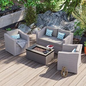 sunbury outdoor 4-piece patio furniture w propane fire pit, pearl gray rattan conversation set, 4 blue pillows w 32-inch rectangle wicker 40,000 btu fire table w glass guard fits 20 gal tank outside