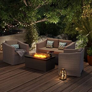 SUNBURY Outdoor 4-Piece Patio Furniture w Propane Fire Pit, Pearl Gray Rattan Conversation Set, 4 Blue Pillows w 32-inch Rectangle Wicker 40,000 BTU Fire Table w Glass Guard Fits 20 gal Tank Outside