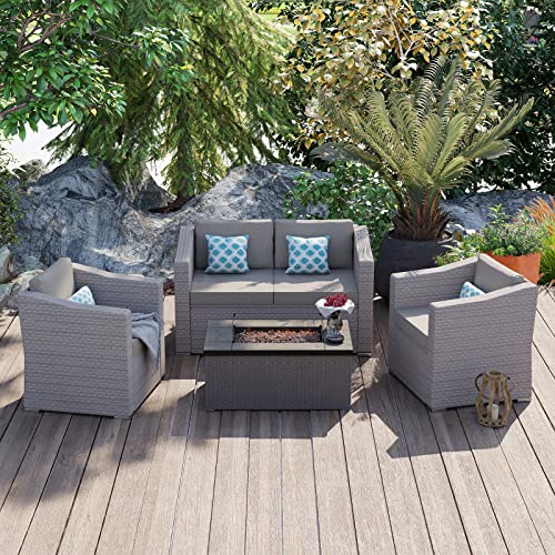 SUNBURY Outdoor 4-Piece Patio Furniture w Propane Fire Pit, Pearl Gray Rattan Conversation Set, 4 Blue Pillows w 32-inch Rectangle Wicker 40,000 BTU Fire Table w Glass Guard Fits 20 gal Tank Outside