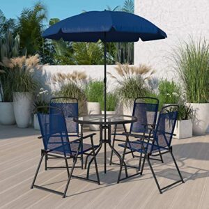 emma + oliver 6 piece navy patio garden set with table, umbrella and 4 folding chairs