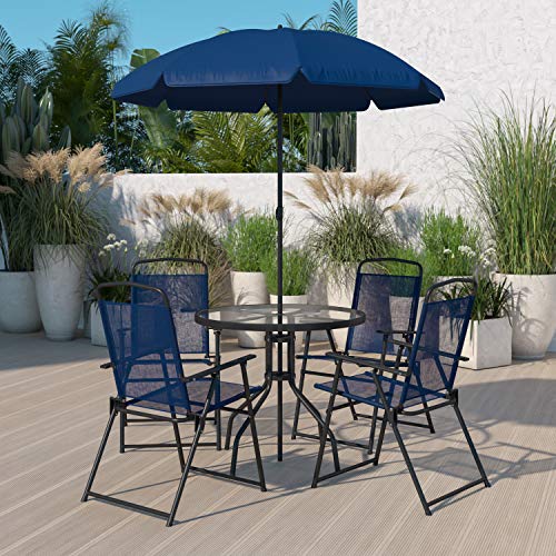 EMMA + OLIVER 6 Piece Navy Patio Garden Set with Table, Umbrella and 4 Folding Chairs