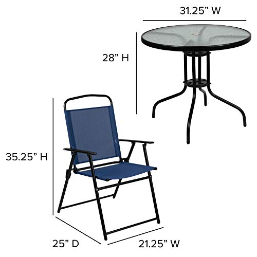 EMMA + OLIVER 6 Piece Navy Patio Garden Set with Table, Umbrella and 4 Folding Chairs