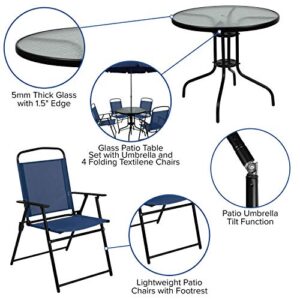 EMMA + OLIVER 6 Piece Navy Patio Garden Set with Table, Umbrella and 4 Folding Chairs