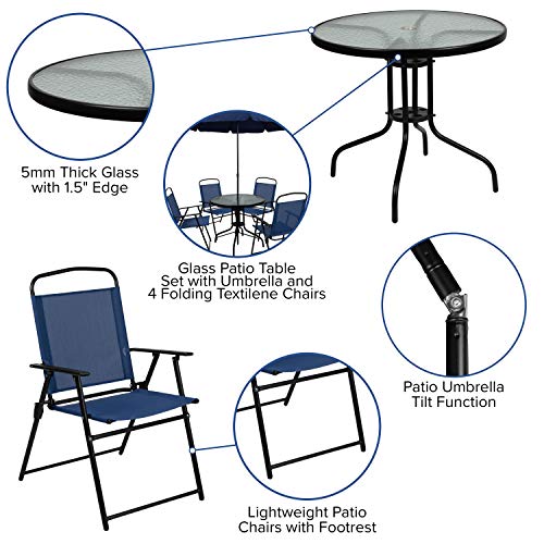 EMMA + OLIVER 6 Piece Navy Patio Garden Set with Table, Umbrella and 4 Folding Chairs