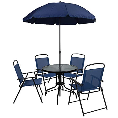 EMMA + OLIVER 6 Piece Navy Patio Garden Set with Table, Umbrella and 4 Folding Chairs