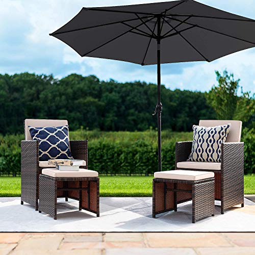 Homall 5 Pieces Patio Conversation Sofa Set Outdoor Wicker Sectional Furniture Sets with Patio Umbrella, Rattan Chair with Ottoman, Storage Table for Backyard, Garden, Porch (Beige)