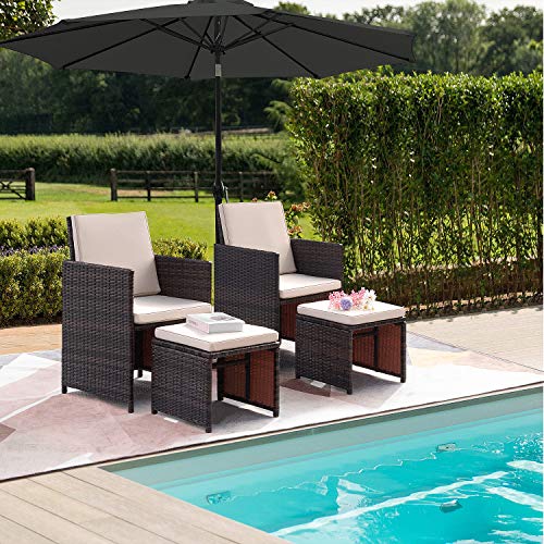 Homall 5 Pieces Patio Conversation Sofa Set Outdoor Wicker Sectional Furniture Sets with Patio Umbrella, Rattan Chair with Ottoman, Storage Table for Backyard, Garden, Porch (Beige)