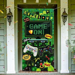 video game party decoration video gaming photo door backdrop game on boys birthday photo banner gamer room decor for game fans video gamer party decoration supplies, 6 x 3 feet