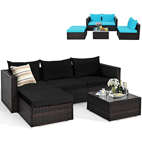 Tangkula 5 Piece Outdoor Patio Furniture Set, Sturdy Frame and Cushioned Sofa Ottoman, 2 Cushion Cover Sets, Wicker Sectional Sofa Set with Glass Top Coffee Table for Porch Garden (Turquoise & Black)