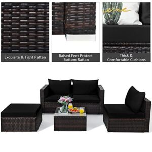 Tangkula 5 Piece Outdoor Patio Furniture Set, Sturdy Frame and Cushioned Sofa Ottoman, 2 Cushion Cover Sets, Wicker Sectional Sofa Set with Glass Top Coffee Table for Porch Garden (Turquoise & Black)