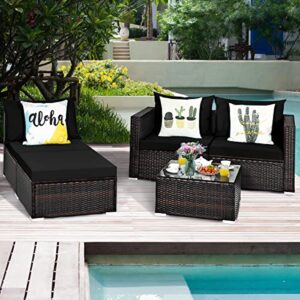 Tangkula 5 Piece Outdoor Patio Furniture Set, Sturdy Frame and Cushioned Sofa Ottoman, 2 Cushion Cover Sets, Wicker Sectional Sofa Set with Glass Top Coffee Table for Porch Garden (Turquoise & Black)