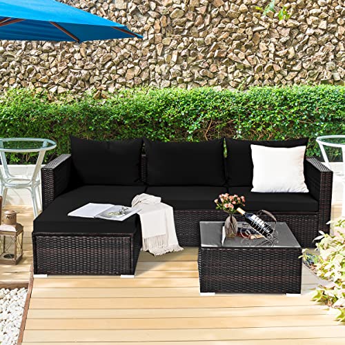 Tangkula 5 Piece Outdoor Patio Furniture Set, Sturdy Frame and Cushioned Sofa Ottoman, 2 Cushion Cover Sets, Wicker Sectional Sofa Set with Glass Top Coffee Table for Porch Garden (Turquoise & Black)