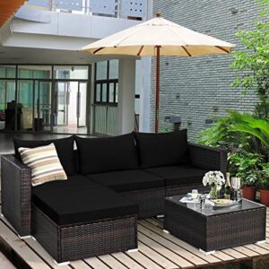 Tangkula 5 Piece Outdoor Patio Furniture Set, Sturdy Frame and Cushioned Sofa Ottoman, 2 Cushion Cover Sets, Wicker Sectional Sofa Set with Glass Top Coffee Table for Porch Garden (Turquoise & Black)