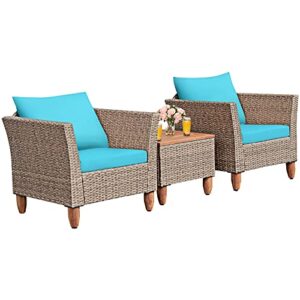 tangkula 3 piece patio furniture set, outdoor wicker rattan bistro sofa set w/washable cushion, acacia wood top coffee table, conversation set w/adjustable feet for balcony backyard porch (turquoise)