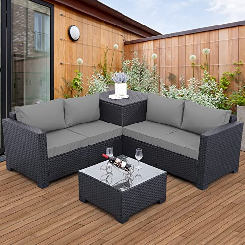 Outdoor PE Wicker Patio Furniture Set 4 Piece Black Rattan Sectional Loveseat Couch Set Conversation Sofa with Storage Box Glass Top Table and Non-Slip Grey Cushion