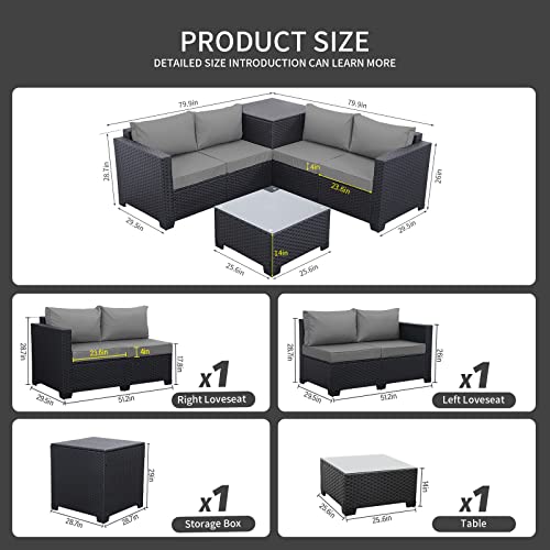 Outdoor PE Wicker Patio Furniture Set 4 Piece Black Rattan Sectional Loveseat Couch Set Conversation Sofa with Storage Box Glass Top Table and Non-Slip Grey Cushion